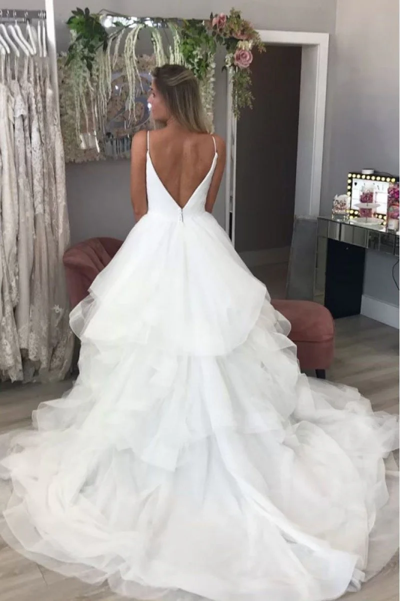 Simple Spaghetti Straps Backless Ball Gown Wedding Dresses With Puffy ...