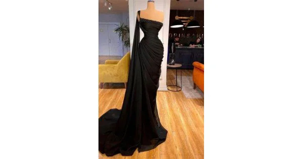 Ali Special Black One Shoulder Beading Watteau Train Sheath Prom Dresses