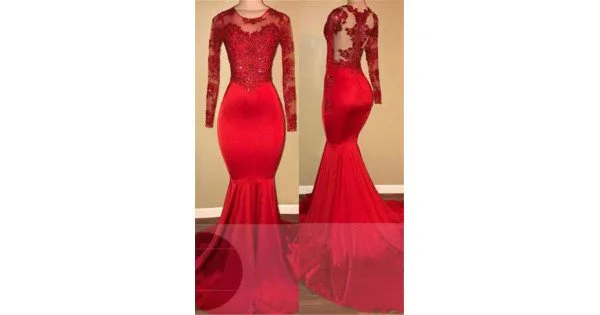 Annie Sexy Red Jewel Long Sleeves Open Back Appliques Mermaid Prom Dresses