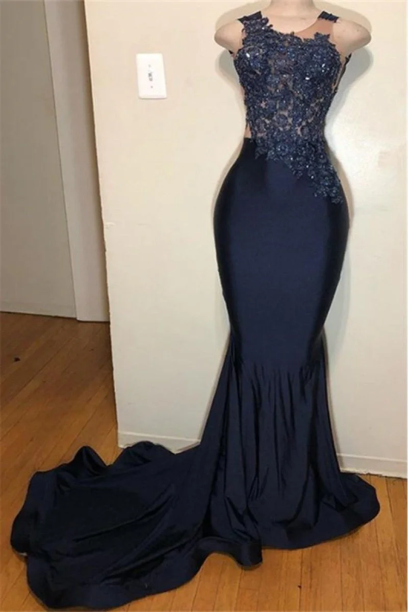 Astrid Fashion Dark Navy Sheer Straps Court Train Mermaid Prom Dresses ...