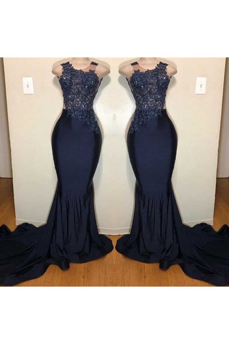Astrid Fashion Dark Navy Sheer Straps Court Train Mermaid Prom Dresses ...