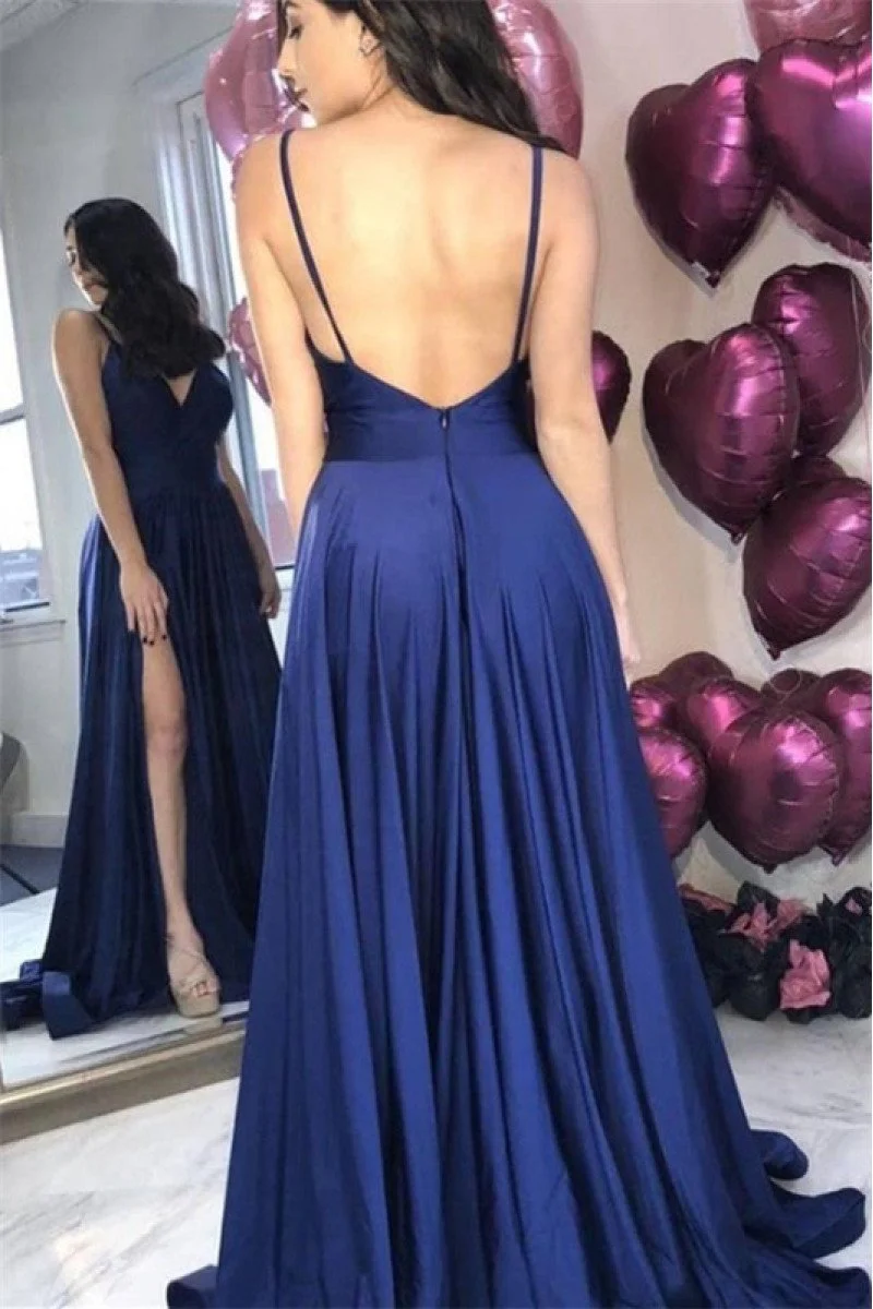 Enid Simple Dark Navy Spaghetti Straps Backless Side Slit Sheath ...