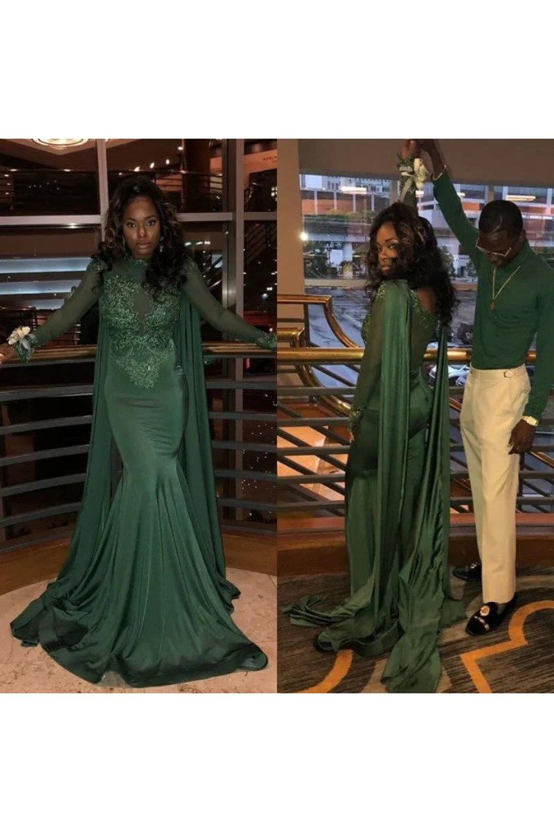 Avery Decent Dark Green High Neck Long Sleeves Appliques Mermaid Prom ...