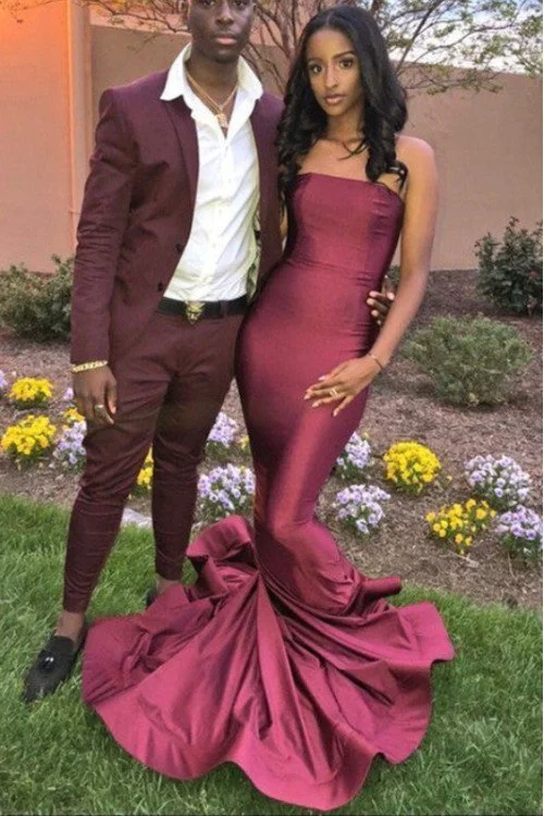 Bonnie Handsome Burgundy Strapless Slime Fit Ruffles Mermaid Prom Dresses