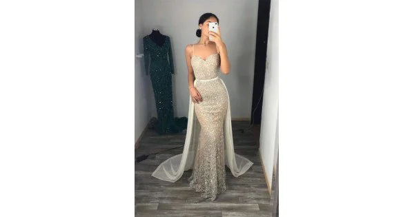 Daisy Chic White Sequins Spaghetti Straps Sheath Prom Dresses With ...