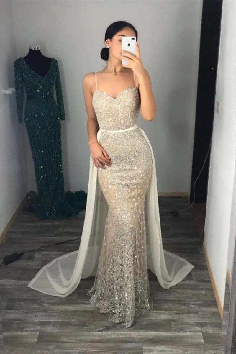 Daisy Chic White Sequins Spaghetti Straps Sheath Prom Dresses With ...