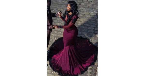 Harriet Fancy Grape Jewel Long Sleeves Appliques Velvet Mermaid Prom ...