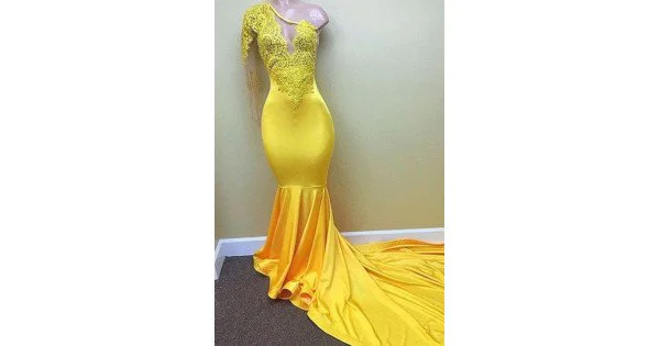 Heloise Generous Yellow One Shoulder Appliques Mermaid Prom Dresses ...