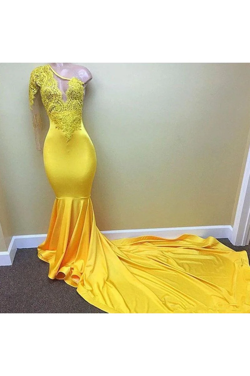 Heloise Generous Yellow One Shoulder Appliques Mermaid Prom Dresses ...