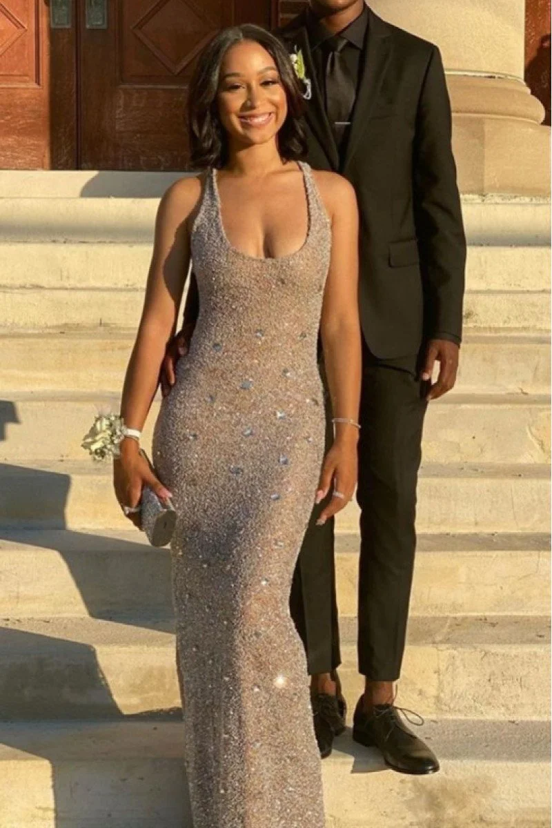 Jean Sparkle Gray Square Sequins Sheath Prom Dresses